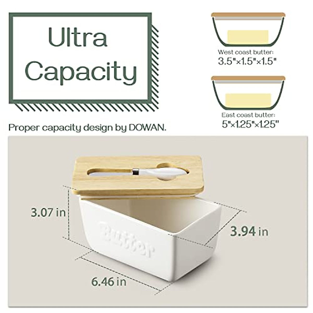 DOWAN Large Butter Dish, Butter Dish with Lid and Knife for Countertop or Fridge, Ceramic Butter Keeper Holds up to 4 Sticks, Airtight Butter Container, Farmhouse Kitchen Decor and Accessories, White