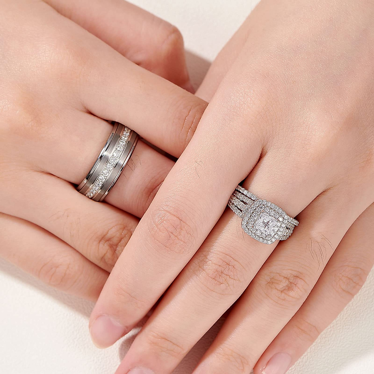 Newshe Wedding Rings Set for Him and Her Women Mens Tungsten Bands Princess Cz 2.3Ct Sterling Silver 7&9