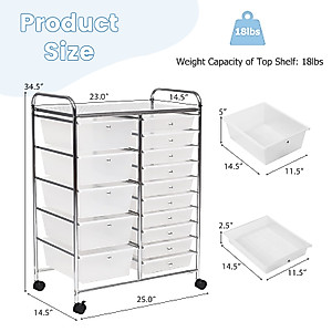 COSTWAY 15 Drawer Rolling Storage Cart, Multipurpose Mobile Storage Organizer w/Removable Drawers & Metal Frame, Utility Tools Paper Organizer on Wheels for Home, Office (Transparent)