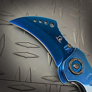 7.5" Blue Falcon Claw Full Metal Pocket Folding Knife. Stainless Steel Blade. For Compaing, fishing, Outdoor Use and EDC (Blue)