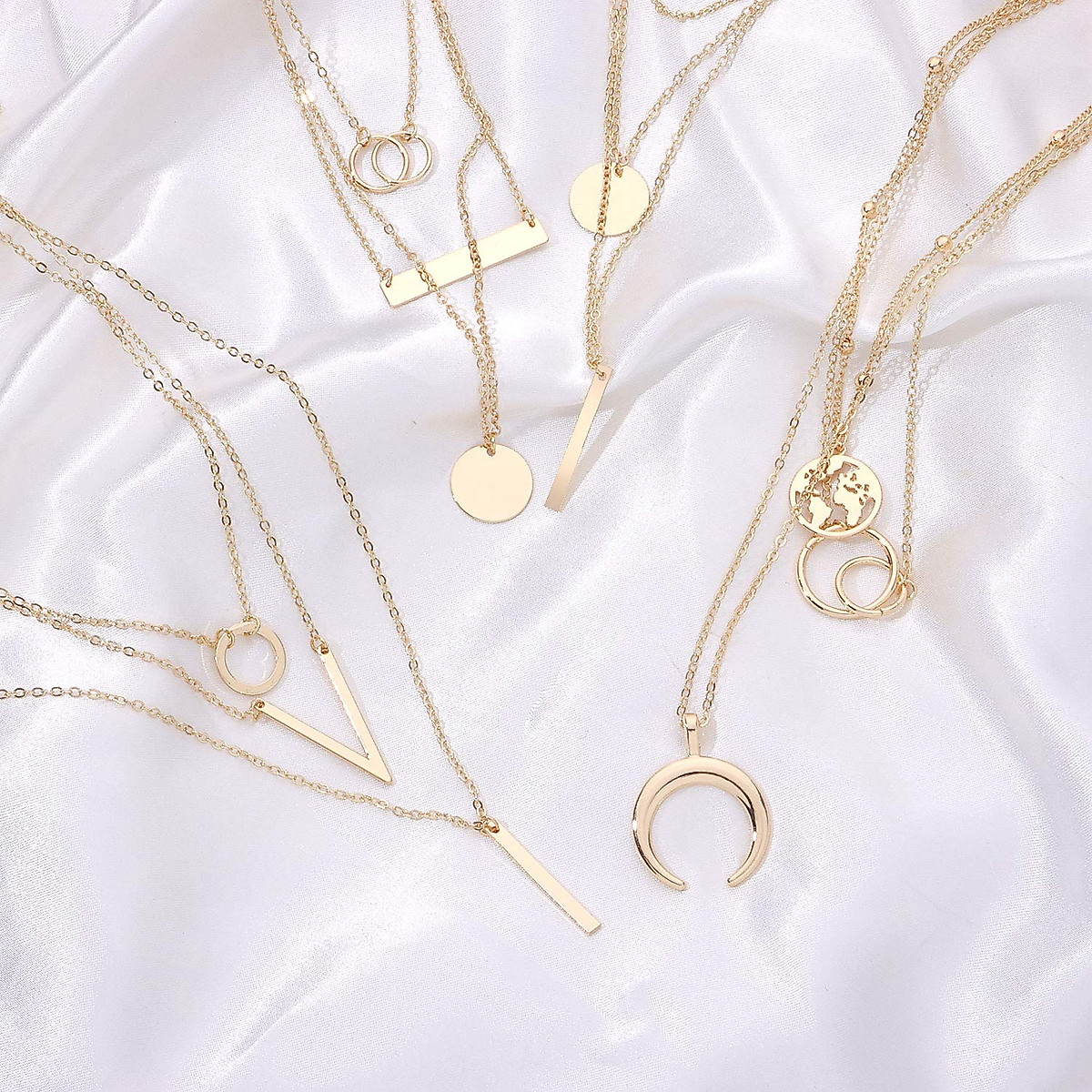 Biokia 6 Pieces Layered Necklaces For Women Long Necklaces Gold Choker Necklaces Map Coin Bar Crescent Moon Necklace Layered Y Pendant Necklace Multilayer