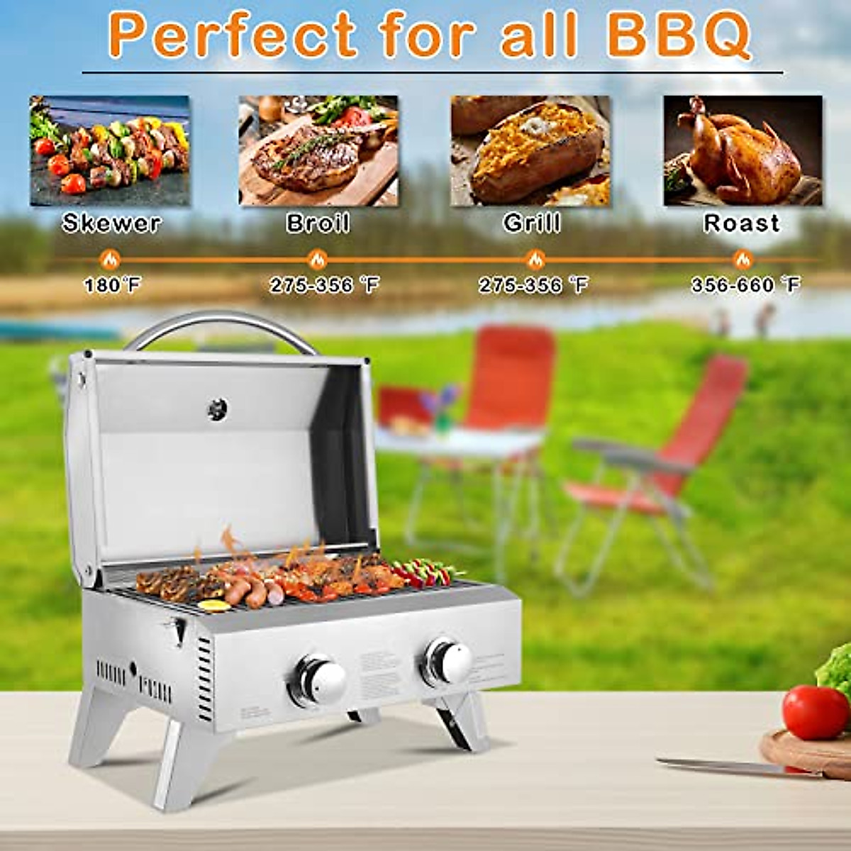 ROVSUN Extra Large 20,000 BTU Portable Gas Grill, 2 Burner Tabletop Propane Griddle with Foldable Legs, Regulator & Full Stainless Steel for Outdoor Picnic Camping Trip, Tailgating, Patio Garden BBQ Home Use