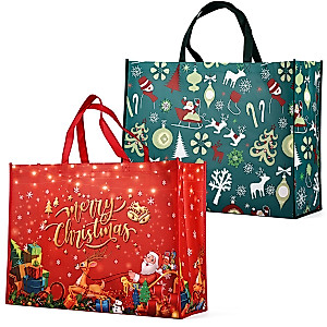 PARSUP 2PCS Giant Christmas Gift Bags, Heavy Duty Treat Tote Grocery Bags with Handles, Sewing Non-Woven Jumbo Bags for Gifts Wrapping Shopping, Xmas Party Supplies, 21.26"×15.7"×7.9"