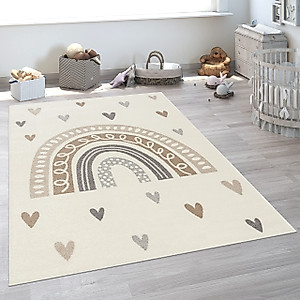 Paco Home Kids Room Rug with Rainbow and Hearts in Beige Brown, Size: 5'3" x 7'3"