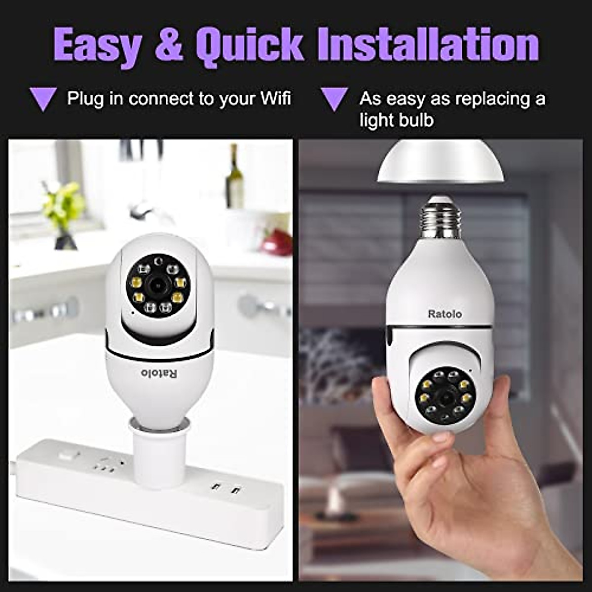 ratolo Light Bulb Security Camera Wireless WiFi Outdoor Indoor, Home Security Cameras 1080P Pan Tilt 2.4Ghz 360 Degree Human Motion Detection Alarm Night Vision Two-Way Talk E27 Socket