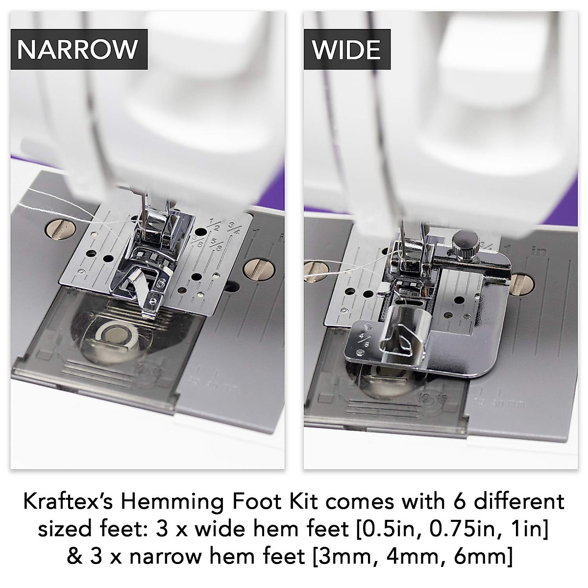 Rolled Hem Presser Foot [6 Sizes] Wide Rolled Hem Foot Set & Narrow Foot Hemmer Set For Brother, Singer & Janome Low Shank Sewing Machines. Hemming Pressure Feet With Distinctive Wide and Narrow Sizes