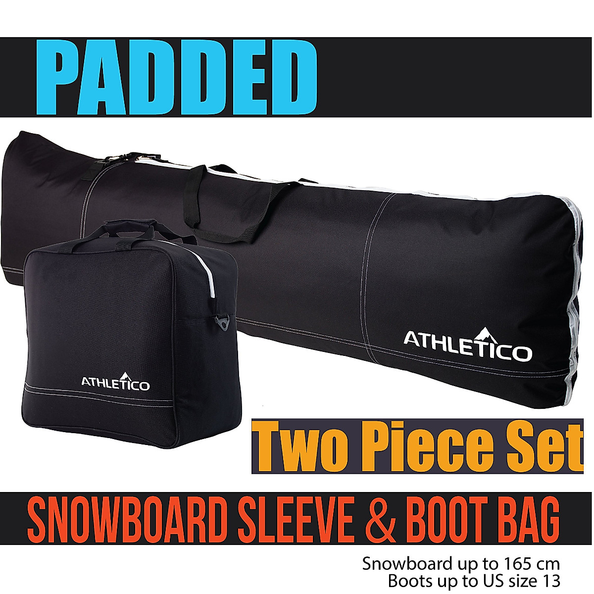 Athletico Padded Two-Piece Snowboard and Boot Bag Combo | Store & Transport Snowboard Up to 165 CM and Boots Up To Size 13 | Includes 1 Padded Snowboard Bag & 1 Padded Boot Bag (Black)