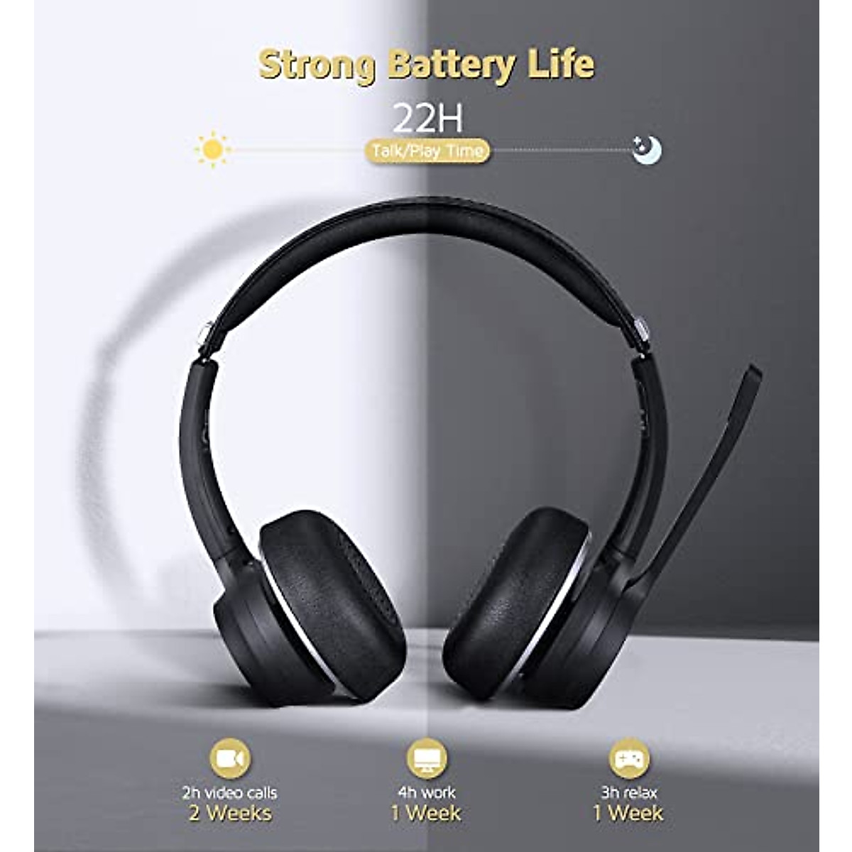VOCLINE Wireless Headset with Microphone, 22H PC Wireless Headset, Over-Ear Wireless Headphone with Dual CVC8.0 Noise Canceling Mic, Mute Only Available on Smartphone, Support 3.5mm Connect