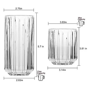 QAPPDA Drinking Glasses Set of 12,Clear Mixed Glassware Set,Vintage Ribbed 13oz Highball Glasses&10 oz Rocks Glasses,Origami Style Everyday Glassware for Cocktail,Whiskey,Juice,Water