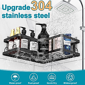 Prlsca 5 Pack Corner Shower Caddy,Large Capacity Adhesive Shower Organizer with Soap Holder & Toothpaste,No Drilling Stainless Steel Shower Shelves with Hooks for Bathroom, Dorm and Kitchen（Black）