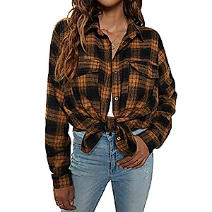 Blooming Jelly Women's Button Down Shirts Long Sleeve Collared Business Casual Tops Work Blouses V Neck Flannel T Shirts (Medium,Brown Plaid)