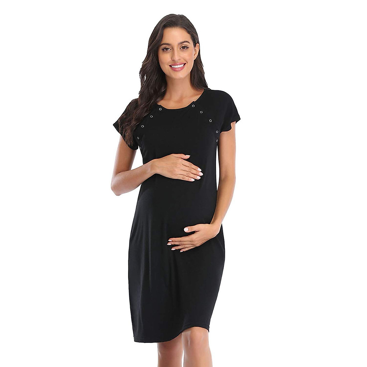 Soanhoo 3 in 1 Nursing Dress Maternity Nightgown Labor/Delivery Breastfeeding Birthing Gown with Button,Black,XL