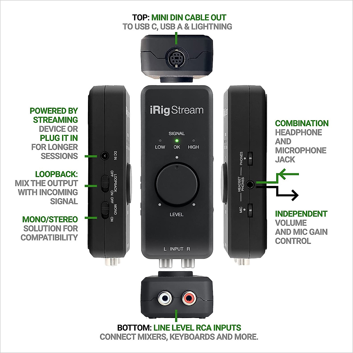 IK Multimedia iRig Stream stereo audio interface for iPhone, iPad, Mac, iOS and PC with USB-C, Lightning and USB for 24-bit, 48 kHz recording from mixers and studio gear