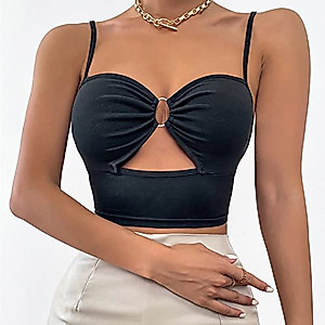 Women's Sexy Sleeveless V Neck Plunging Camisole Basic Solid Color Hollow Out Y4k Cropped Tank Top Slim Bustier Bras Black