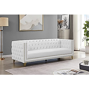 Meridian Furniture 651White-S Michelle Collection Modern | Contemporary Sofa with Deep Button Tufting, Nailhead Trim and Sturdy Gold Iron Legs, 90" W x 34" D x 30" H, White
