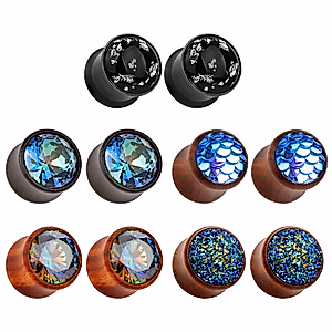TBOSEN 5 Pairs Set Gauges Wood Tunnels Earrings Zircon Stone Body Jewelry Stretching Tapers Expanders Wooden Ear Plugs