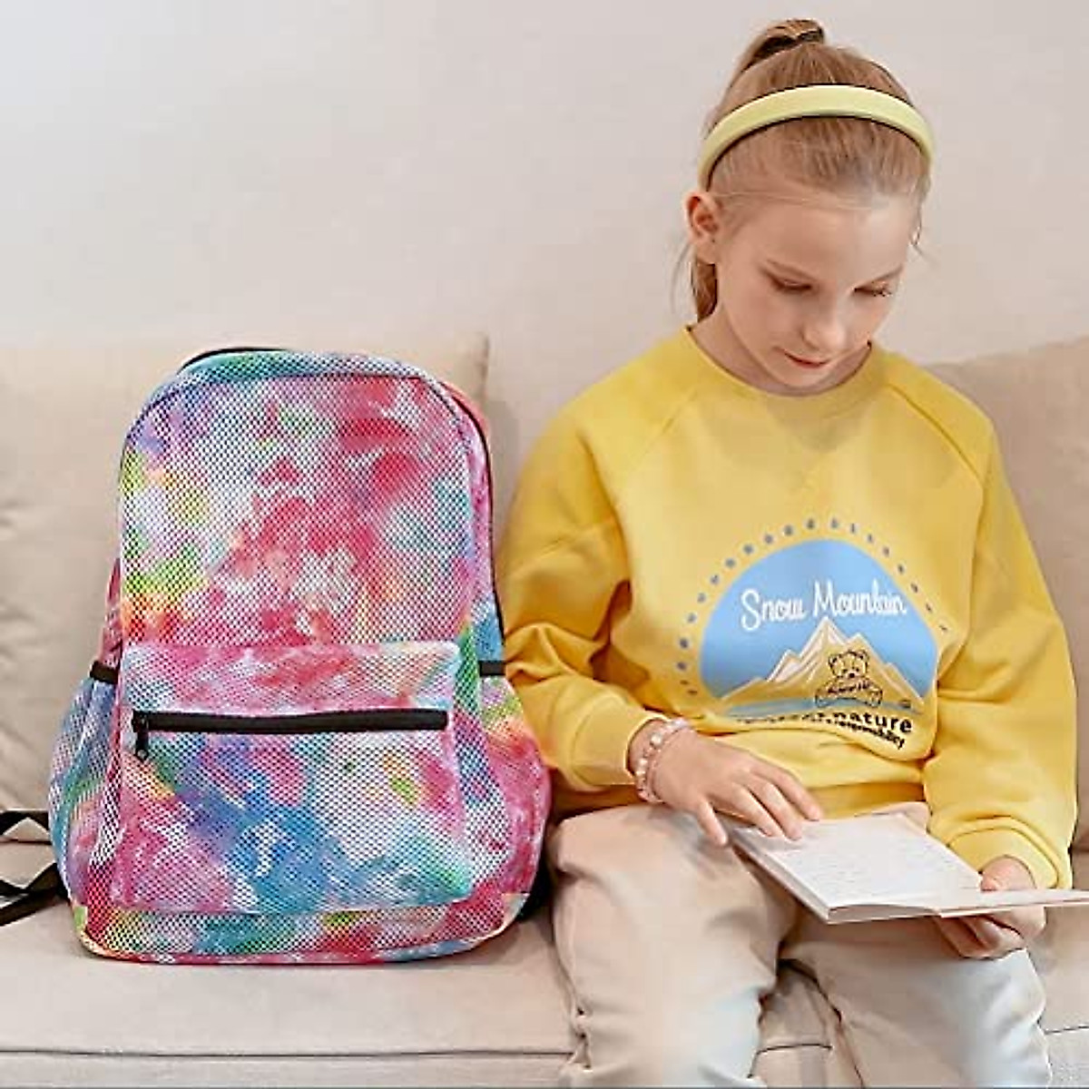 LEDAOU Mesh Backpack for Kids Girls Semi-Transparent Mesh School Backpack Bookbag Lightweight Casual Daypacks for Beach Gym Travel (Tie Dye Orange)