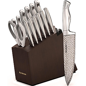 Knife Set, Astercook 15 Pcs Knife Sets for Kitchen with Block, Dishwasher Safe Kitchen Knife Set with Built-in Sharpener, German Stainless Steel Knife Block Set