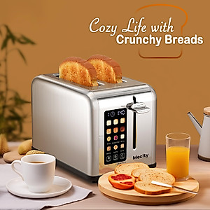 Mecity 2 Slice Toaster Touch Screen 1.5" Wide Slot, Stainless Steel Smart Bread Toaster for Bagel Muffin Waffle Gluten Free Breads, Timer, Defrost, Reheat, 120V 825W
