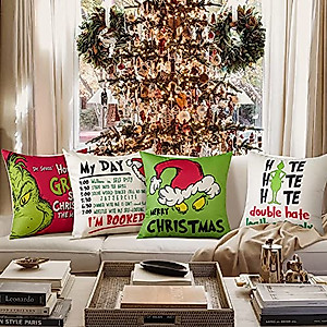 Christmas Pillow Covers 18x18 Set of 4 for Christmas Decorations,Grinch Christmas Decorations Throw Pillow Covers Merry Christmas Grinch Pillow Cases Christmas Pillows for Sofa Couch Indoor Outdoor