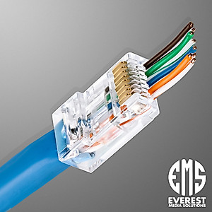 Everest Media Solutions RJ45 Cat6/6a Pass Through Connectors for a Thick 23 AWG Large Diameter UTP Network Cable, 100 Pcs | Insert Guides Included