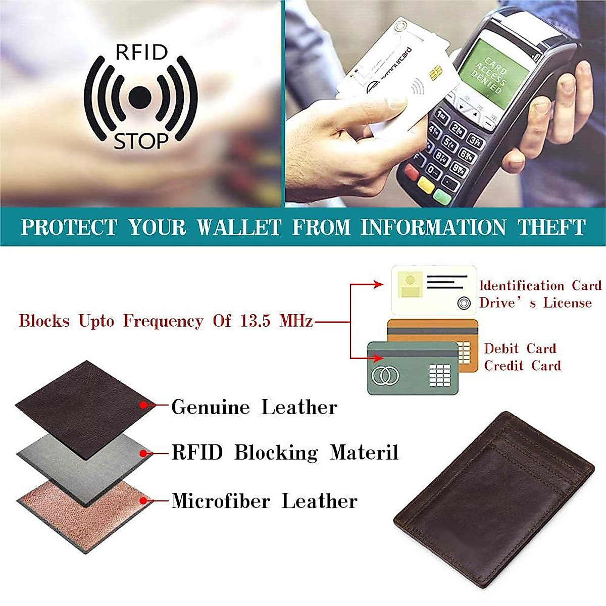 XIMI Men'S And Women'S Minimalist Ultra-Thin Wallets Rfid Front Pocket Leather Card Holder Wallet Fashion Bank Card Coin Purse Case With Id Window Simple Credit Card Holder (Khaki)