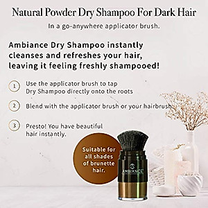Natural Dry Shampoo for Women & Men by Ambiance | Brunette Tinted Powder | Travel Size Applicator Brush for Dark Brown Hair | Cleansing, Refreshing, & Volumizing