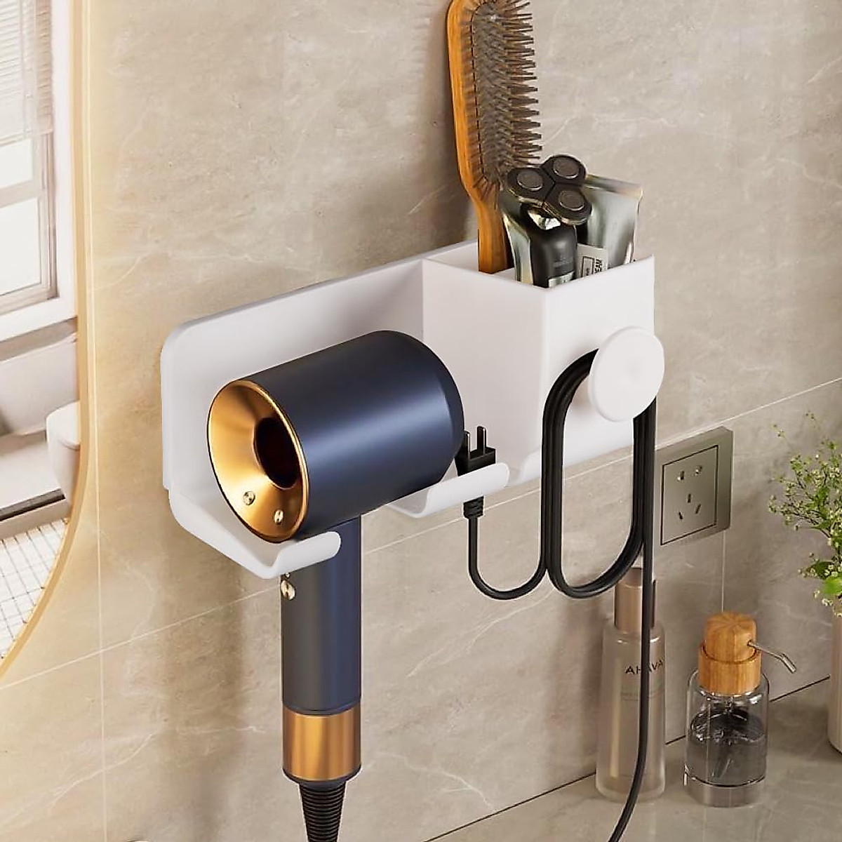 kaggiyu Hair Dryer Holder, Blow Dryer Hanger Wall Mount for Bathroom, Blow Dryer Holder Hook with Plug&Cord Organizer Self Adhesive Hair Tool Organizer for Cabinet Door Bedroom(1 Pack White)