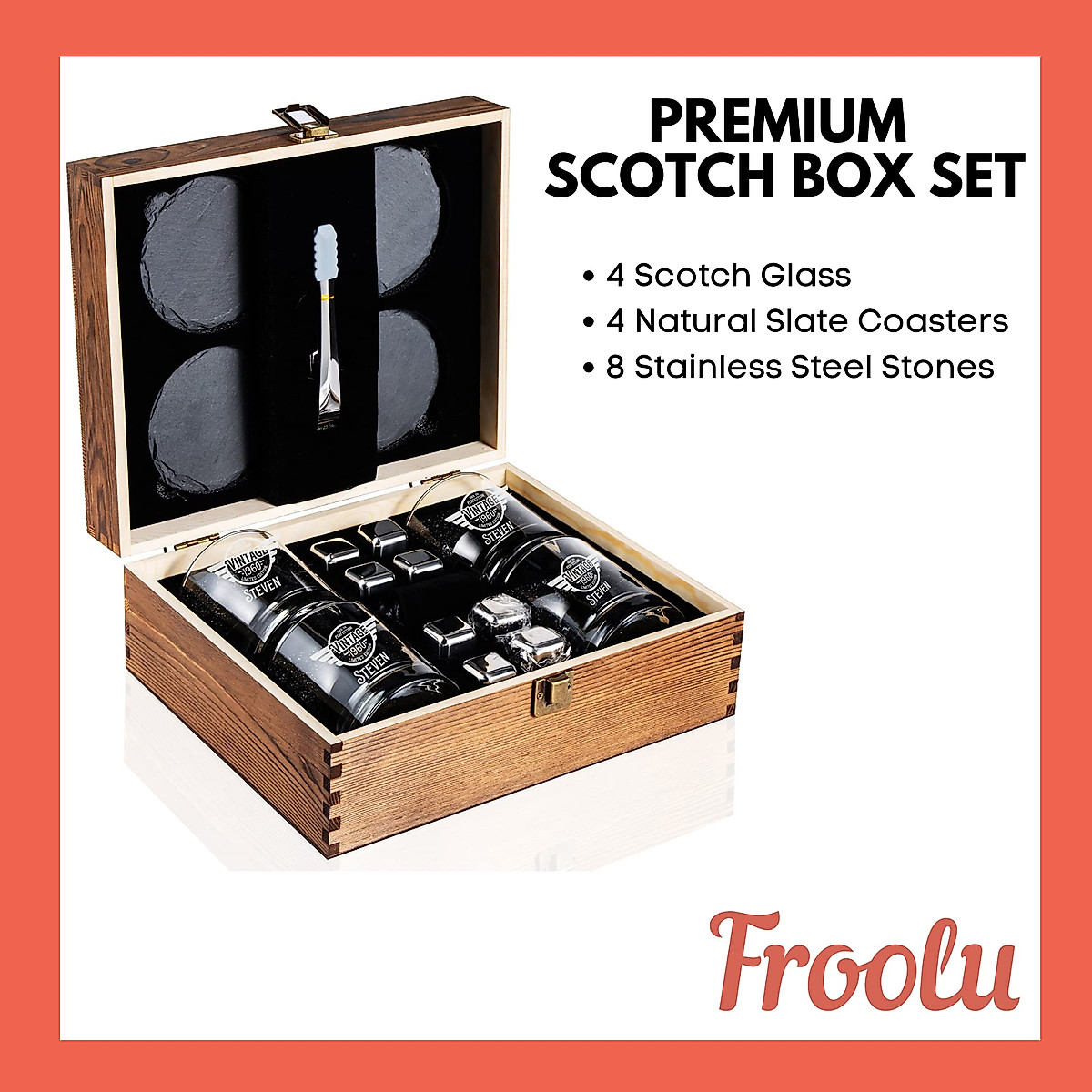 Froolu Personalized Vintage Scotch Whiskey Glasses - Customize Name & Year - 4 Premium Vintage Designs - Gift for Dad, Brother, Son, Husband - Great for Birthday, Anniversary, Christmas - Etched