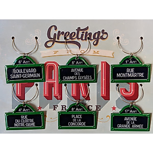 Wine Charms -"Paris Street Sign" theme, wine decor, wine gifts, wine accessories. Unique gifts, Paris decor for entertaining, favors, party, under $15 (6 piece set)
