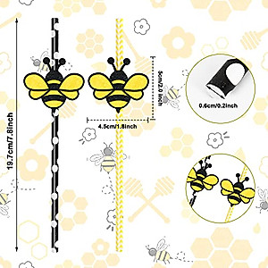 Whaline 100Pcs Summer Paper Straws Glitter Bee Disposable Paper Straws Yellow Black Dot Stripe Bee Decorative Straws Baby Shower Drinking Straw for Bee Day Party Supplies Juices Shakes Cocktail Decor