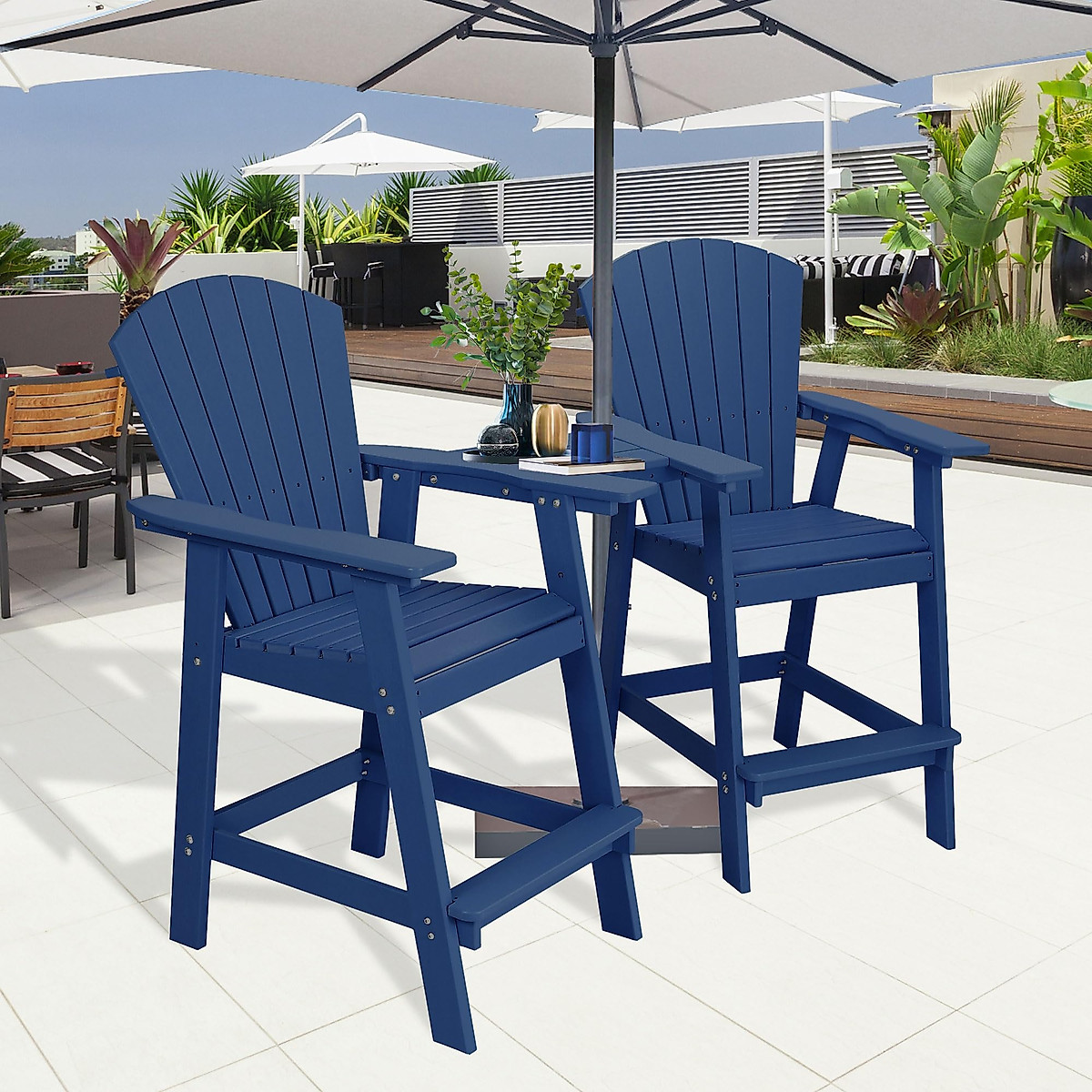 VSMKSJ Outdoor HDPE Adirondack Bar Stools, Tall Adirondack Chairs Set of 2, Navy Blue