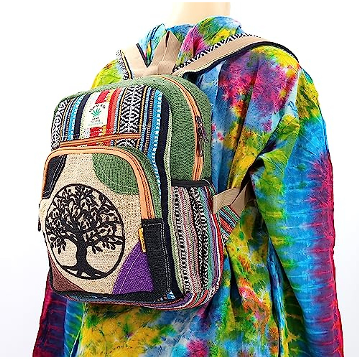Unique design Tree of Life print Himalaya Hemp Hippie Backpack Festival Backpack FAIR TRADE Handmade with Love. (GREEN)