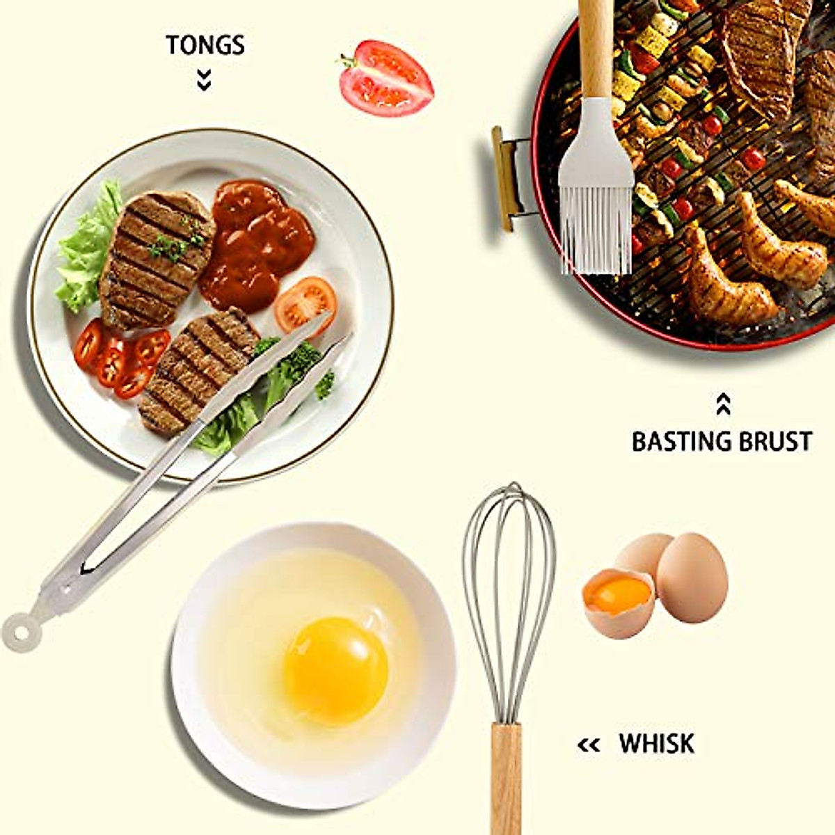 MIBOTE 17 Pcs Silicone Cooking Kitchen Utensils Set with Holder, Wooden Handles BPA Free Non Toxic Silicone Turner Tongs Spatula Spoon Kitchen Gadgets Utensil Set for Nonstick Cookware (Khaki)