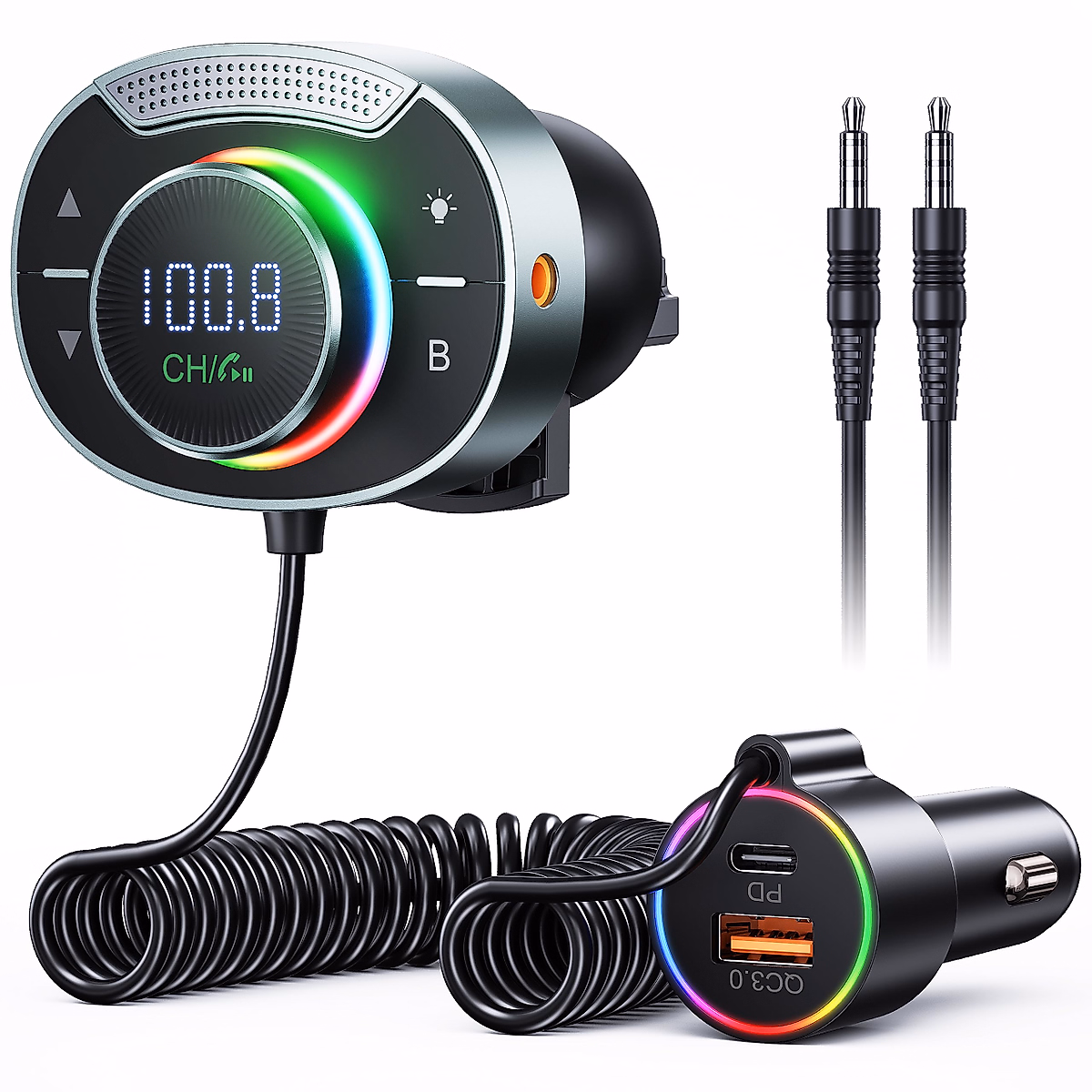 Bluetooth 5.3 FM Transmitter for Car - SOOMFON Bluetooth Car Adapter with Big Mic Bass Stereo Hi-Fi Sound, PD30W QC18W FM Bluetooth Transmitter Car Charger Support Hands-Free Calls, Aux Out, TF Card