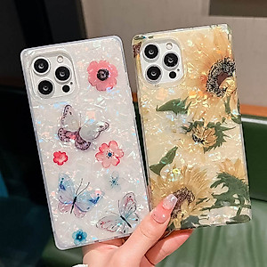 KERZZIL Square Edge Compatible with iPhone 13 Pro Max Mother-of-Pearl Case,Chic Slim Sunflower Pattern Soft TPU Silicone Rubber Gel Protective Bumper Cases Cover(Green)