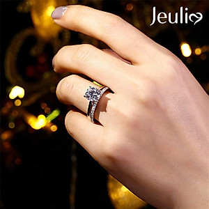 Jeulia 3.5ct Sterling Silver Wedding Ring Bridal Sets Classic Round Cut Anniversary Promise Jewelry with 0.35 ct Side Stone Brilliant Solitaire Band for Her with Gift Box (White, 9.5)