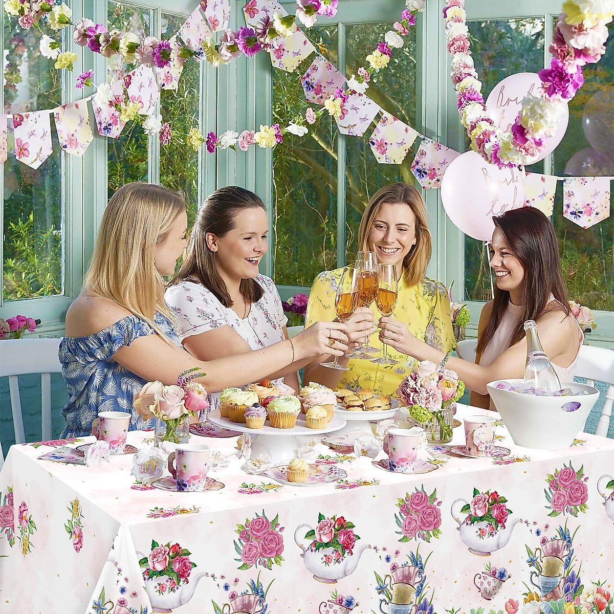 4 Pack Tea Party Decoration Floral Tea Party Tablecloth Tea Party Birthday Supplies 86” x 51” Rectangle Plastic Spring Disposable Floral tea party Table Cover Baby Shower Floral Birthday Decorations