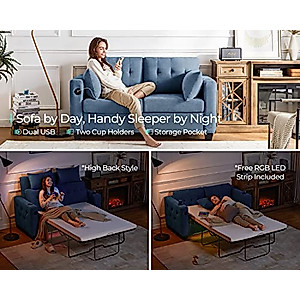 LINSY HOME Pull Out Sofa Bed, 2-in-1 Convertible Sleeper Couch with Memory Foam Mattress, Two Seat Loveseat Sleeper Sofa Bed for Living Room, Blue, Full Size