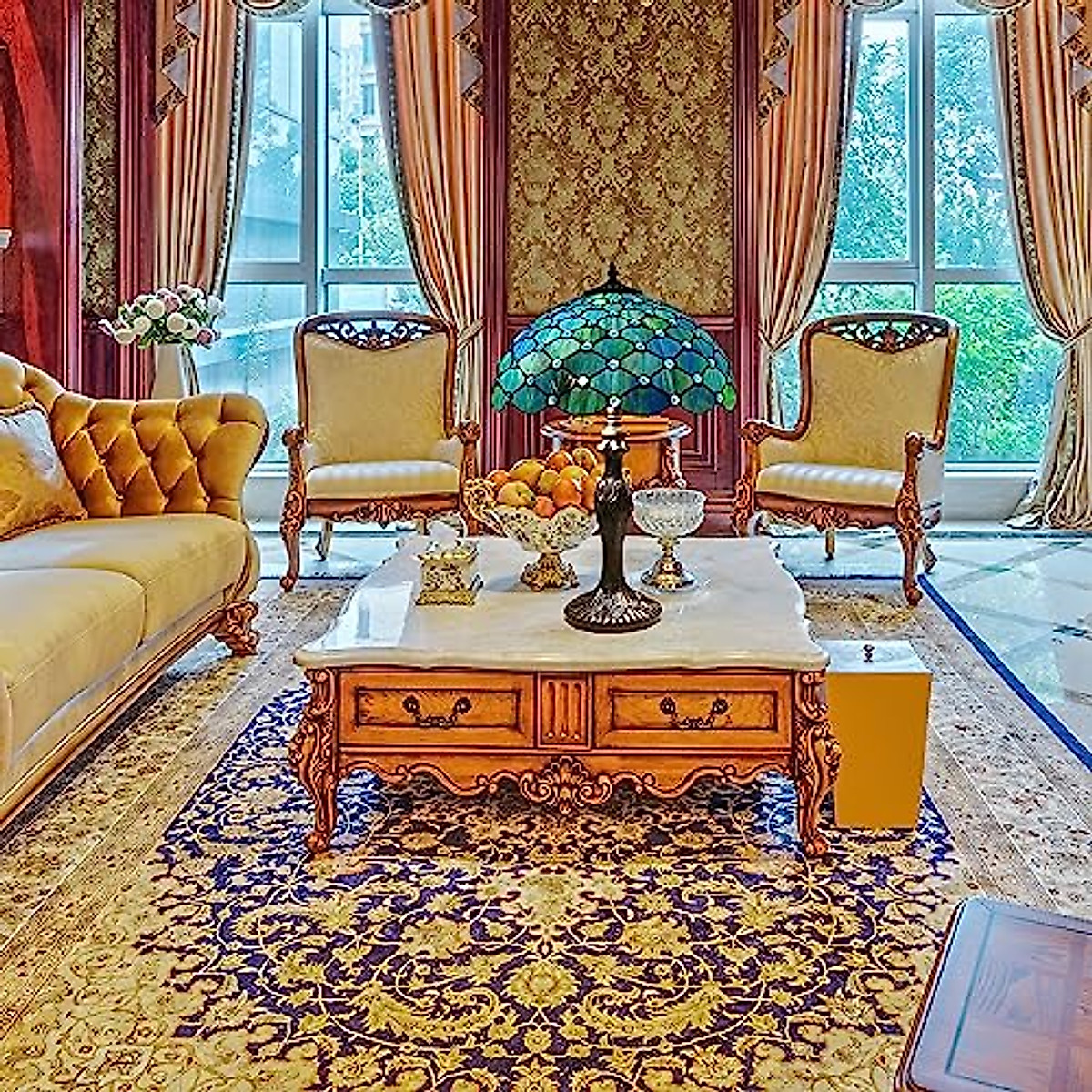 ZJART Tiffany Lamp Blue Stained Glass Peal Bead Style Reading Table Lamp W16H24 Inch Bedside Nightstand Desk Work Study Desktop Light Decor Home Kids Bedroom Living Room Office Pull Chain Switch