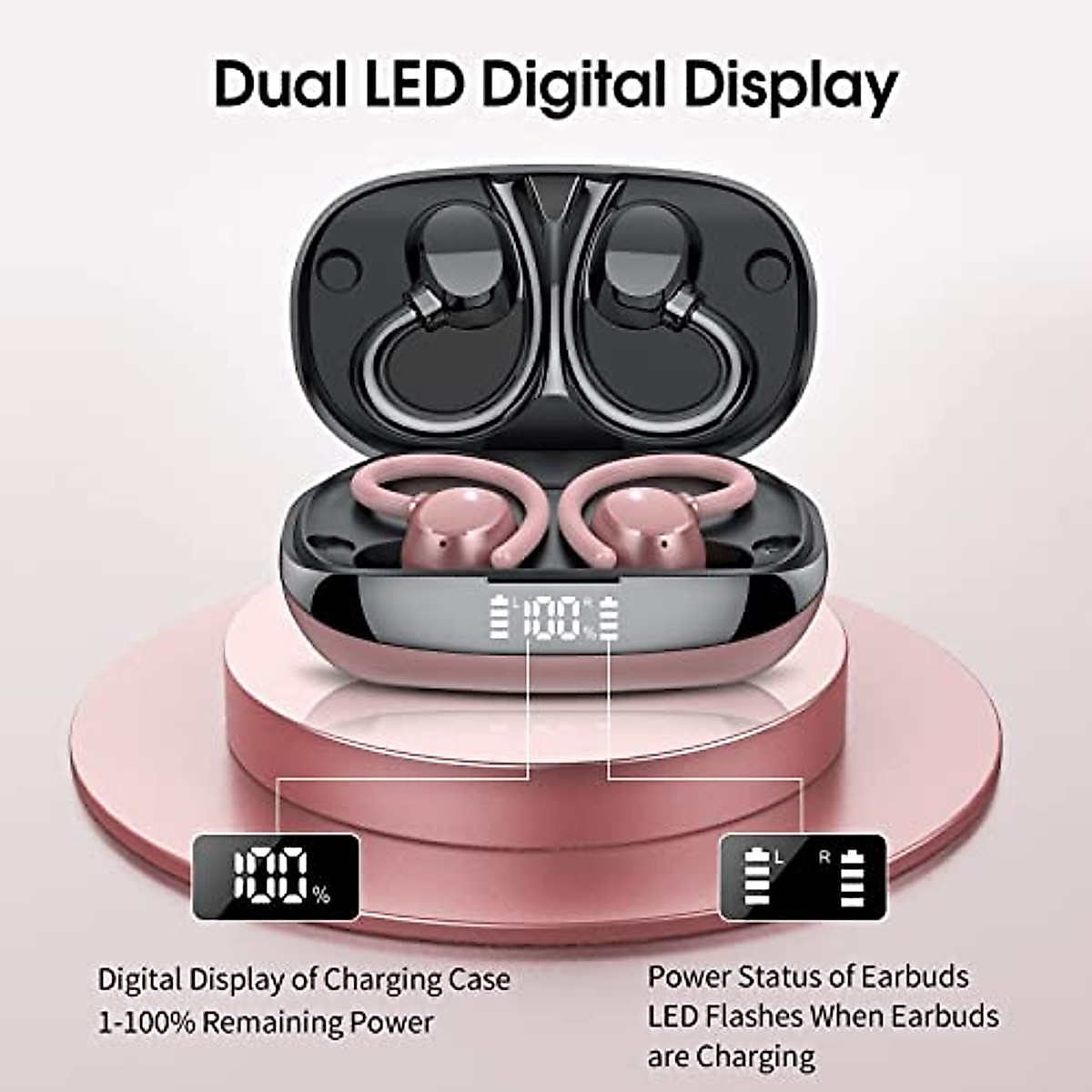 Wireless Earbuds, HiFi Stereo Sport Bluetooth 5.3 Headphones with Earhooks, 48H Deep Bass in-Ear Headphones with LED Display, Noise Cancelling, IP7 Waterproof Earphones Built-in Mic for Running (Rose)