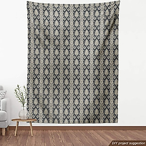 Ambesonne Damask Fabric by The Yard, Victorian Style Baroque Classic Pattern with Ornamental Floral Leaves Image, Decorative Fabric for Upholstery and Home Accents, Charcoal Grey Cream