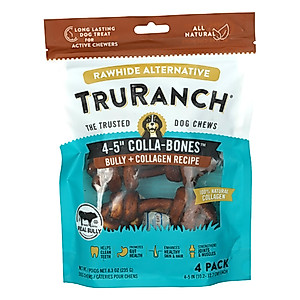 TRURANCH 4-5" Collagen Bones, Bully, Healthy Joint Support Dog Treat, Rawhide Alternative, Skin & Coat Health, 1 Bag, 4 Count