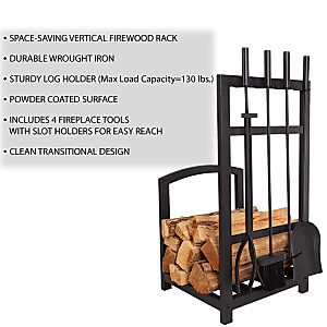 Lavish Home 5-Piece Fireplace Tool Set and Log Rack - Mission-Style Firewood Holder with Shovel, Broom, Tongs, and Poker for Hearth (Matte Black)