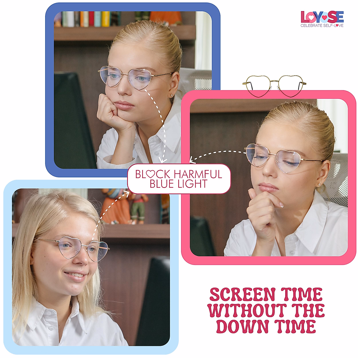 LOYOSE Blue Light Glasses For Woman, Cute Gold Frame Heart Shaped Bluelight Glasses, Blue Light Blocking Glasses for Computer Screen Phone TV Gaming