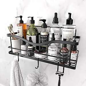 KINCMAX Shower Caddy, Stainless Steel, Adhesive Wall Mount Drill-Free Baskets with Hooks (Matte Black)