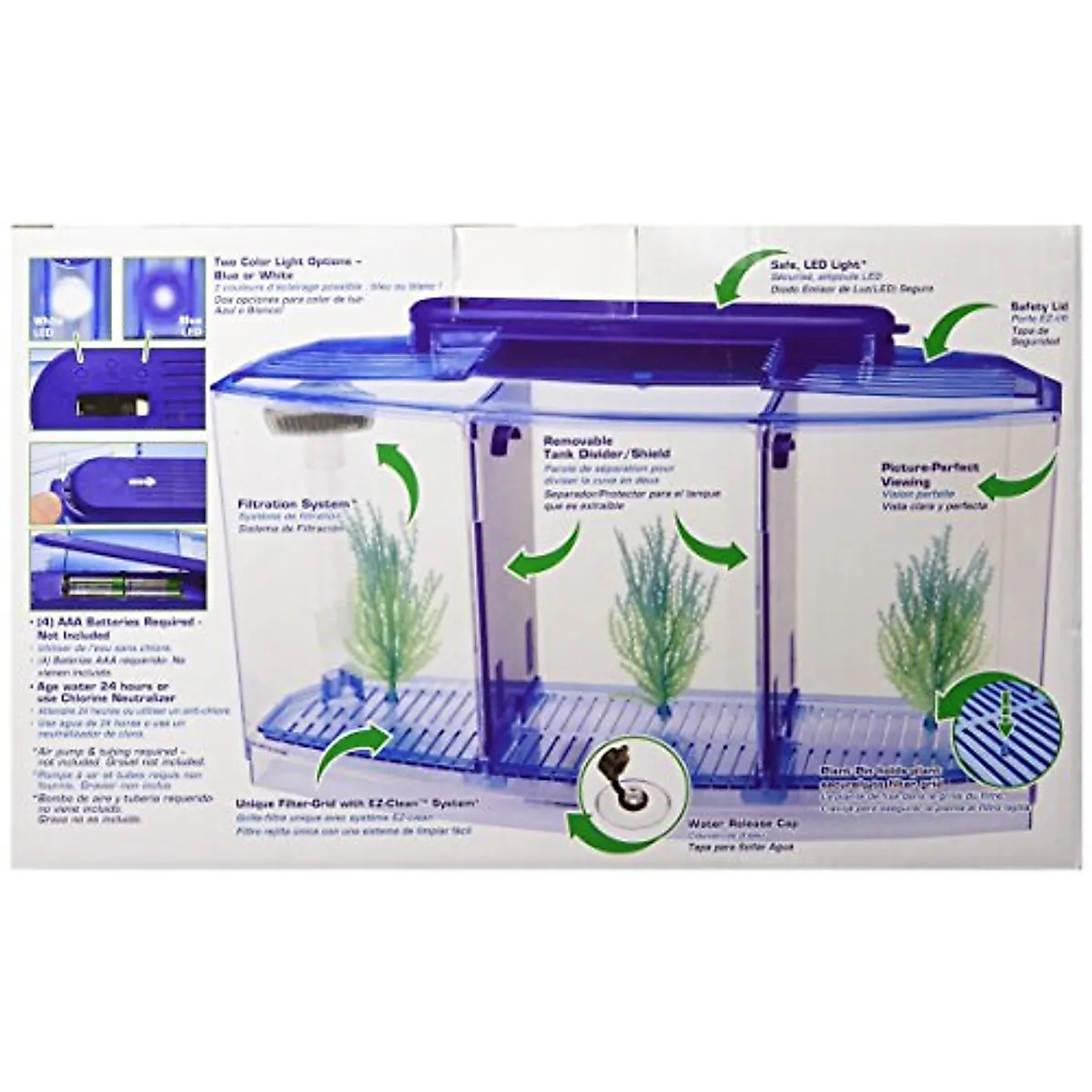 PENN-PLAX Deluxe Triple Betta Bow Tank Kit – Safely Divided Compartments – White and Blue LED Display Lights – Includes Under Gravel Filter & Plastic Plants – 0.7 Gallon in Blue