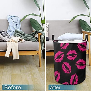 Purple Lips on Black Laundry Hamper Basket Bucket Foldable Dirty Clothes Bag Waterproof Fabric Washing Bin Toy Storage with Handles for Bathroom Bedroom