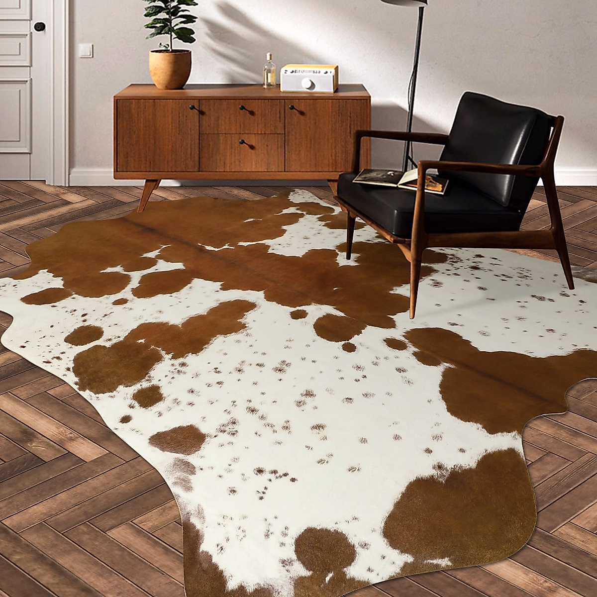 Zedrew Faux Cowhide Rugs, 5.2x6.2 Feet Large Cow Print Area Rug for Living Room Bedroom, Western Decor Carpet Animal Printed Mat for Dining Office Home Decor, Khaki