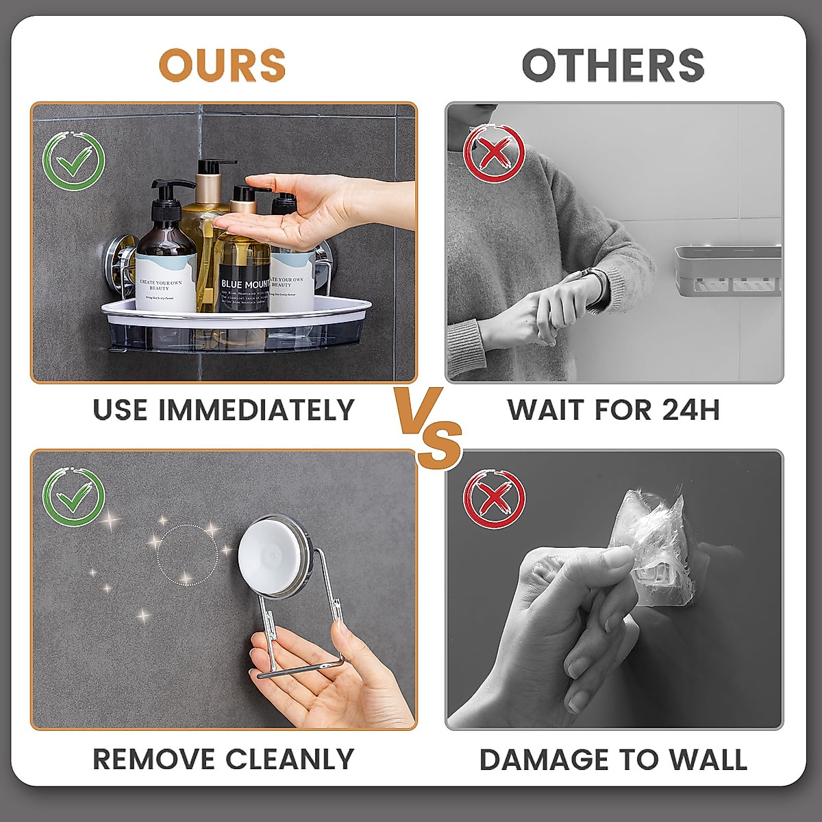 LEVERLOC Corner Shower Caddy Suction Cup 2 Pack, No-Drilling & Removable Shower Caddy Basket, Chromed Stainless Steel Shelves for Inside Shower & Bathroom Organizer, Rustproof Rack for Storage